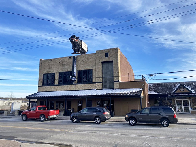 The unassuming brick exterior of Jess & Jim's stands like a temple to beef worship, complete with a vintage sign that's seen decades of hungry pilgrims.