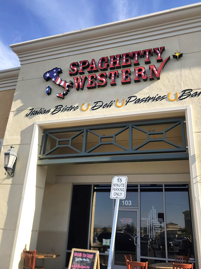 The clever pun hits you first: Spaghetty Western, where Italian cuisine meets cowboy charm in a Vegas strip mall that defies the odds.