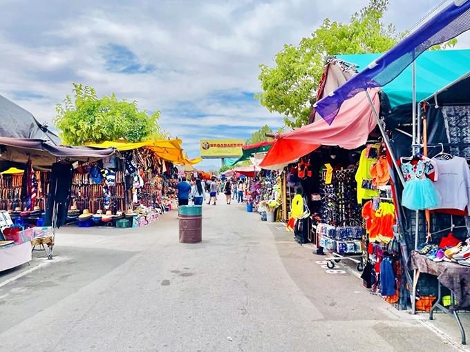 A bargain hunter's paradise stretches to the horizon under Nevada's impossibly blue sky. The colorful canopy city of Broadacres awaits exploration.