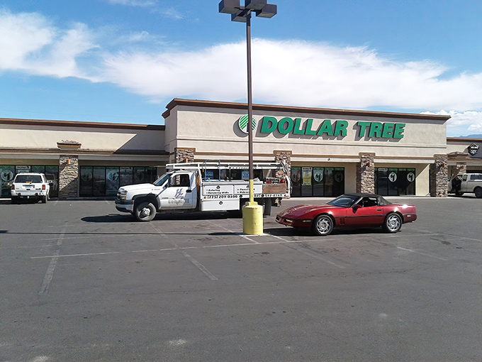 The iconic green signage glows like a budget-friendly beacon in the desert, promising treasures that won't empty your wallet.