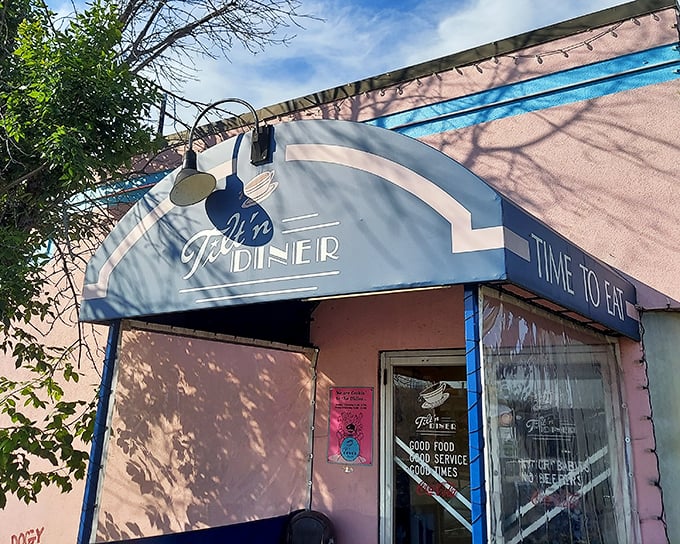 The blue-trimmed entrance of Tilt'n Diner promises exactly what we need: good food, good service, and good times&mdash;the holy trinity of diner perfection.