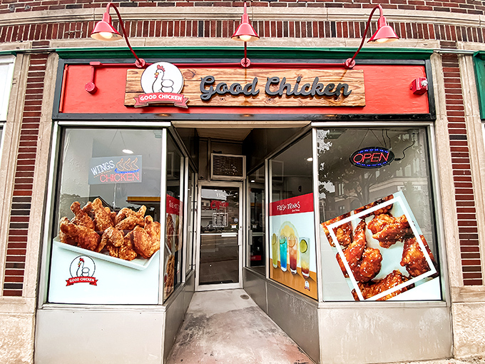 The bright red storefront of Good Chicken beckons like a lighthouse for the hungry, promising crispy salvation on Bloomfield Avenue in Montclair.