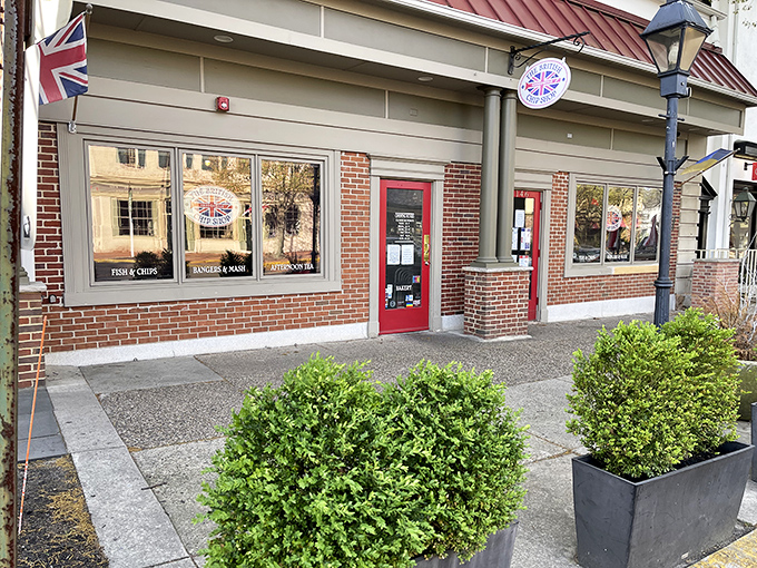 The iconic red door and Union Jack signage of The British Chip Shop stands as Haddonfield's portal to England. No passport required!