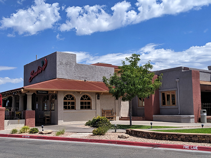 Sadie's iconic adobe-style exterior stands proudly against New Mexico's brilliant blue sky, like a delicious mirage beckoning hungry travelers.