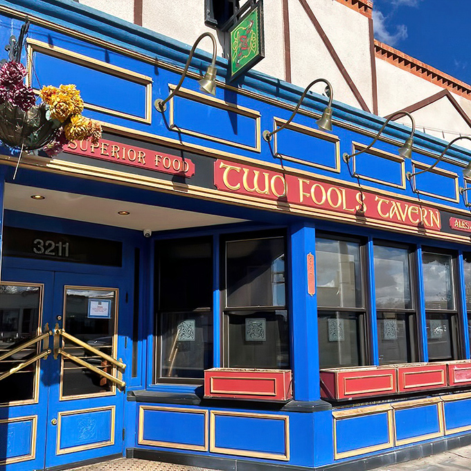 The blue facade of Two Fools Tavern stands out like a Celtic oasis in Albuquerque's Nob Hill, complete with flags announcing its Irish heritage.