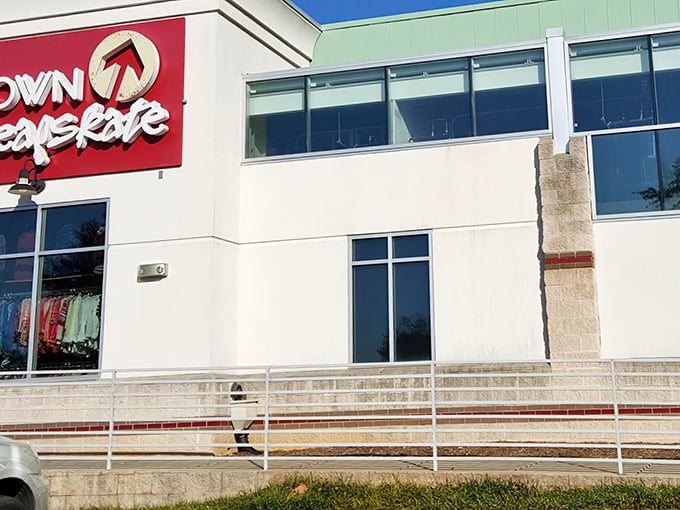 The bright red signage of Uptown Cheapskate beckons like a lighthouse for the fashion-forward bargain hunter. No buyer's remorse allowed here!