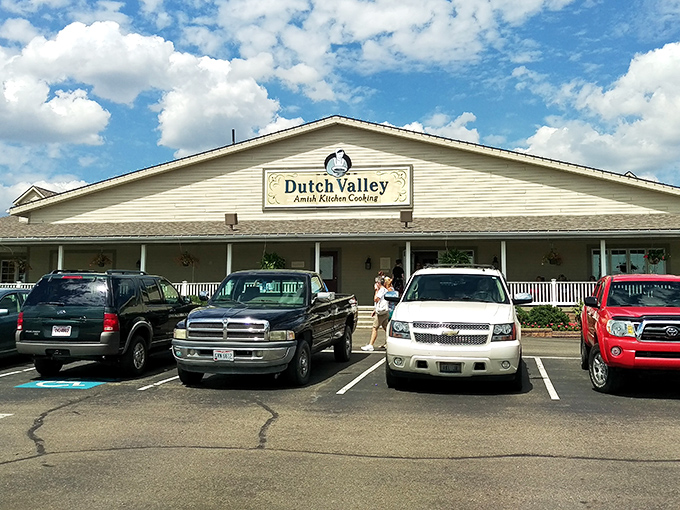 The welcoming facade of Dutch Valley Restaurant promises comfort food nirvana, where Amish kitchen cooking traditions meet hungry travelers from near and far.