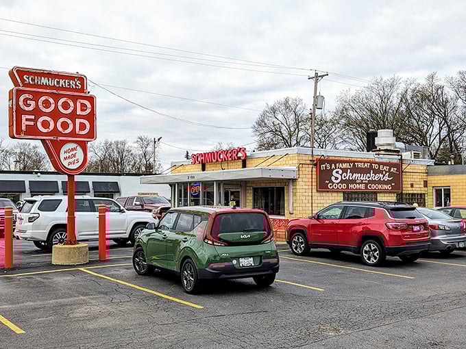 The sign says it all &ndash; "It's a Family Treat to Eat at Schmucker's." No flashy neon, no pretension, just a promise of good home cooking that's been kept since 1948.