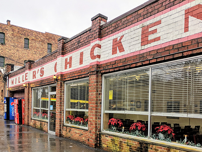 The iconic brick fa&ccedil;ade of Miller's Chicken stands as Athens' monument to comfort food, complete with seasonal poinsettias that say "we care about the details."