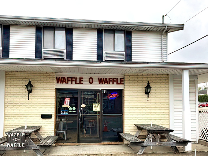 Like a culinary speakeasy, Waffle O Waffle's unassuming yellow brick exterior hides revolutionary flavor combinations waiting to be discovered inside.