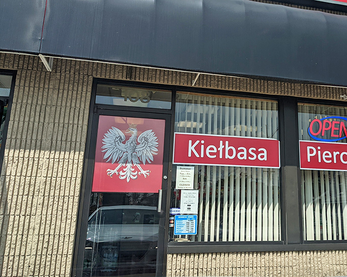 The iconic Polish eagle and bold "Kiełbasa" sign announce your arrival at this culinary embassy. No passport required, just an appetite.