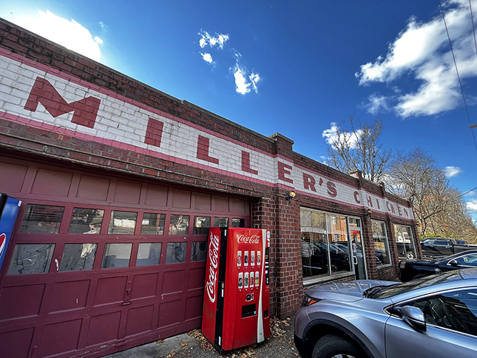 The brick facade of Miller's Chicken stands like a humble temple to fried poultry perfection, its simple sign promising delicious treasures within.