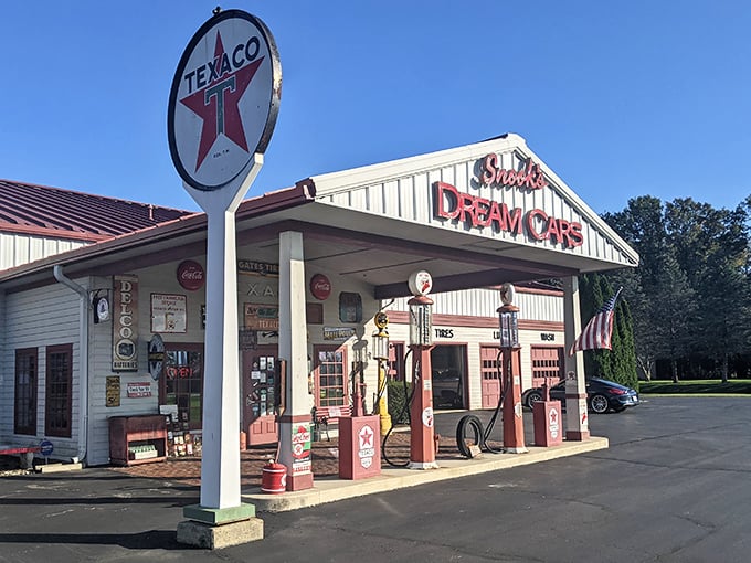 The classic Texaco station facade isn't playing pretend—it's a genuine time portal to when service meant someone actually pumped your gas!