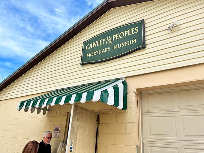 The unassuming exterior of Cawley & Peoples Mortuary Museum proves that you can't judge a book by its cover&mdash;or a museum by its garage door.
