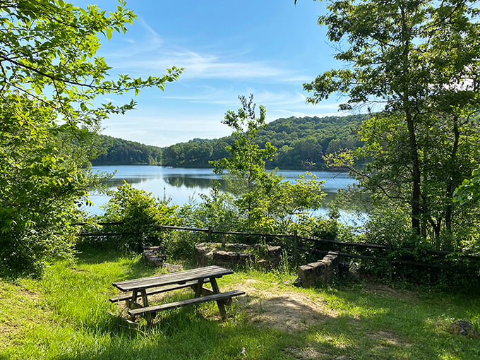 The glassy waters of Lake Hope mirror the surrounding hills like nature's selfie. A wooden dock invites you to pause and contemplate life's simple pleasures.
