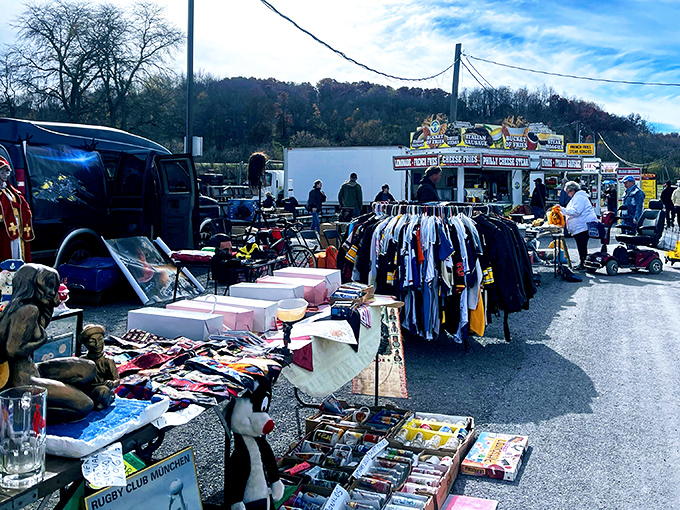 Treasure hunting in full swing! Racks of clothing, collectibles, and curiosities await shoppers under the open sky at Rogers Flea Market.