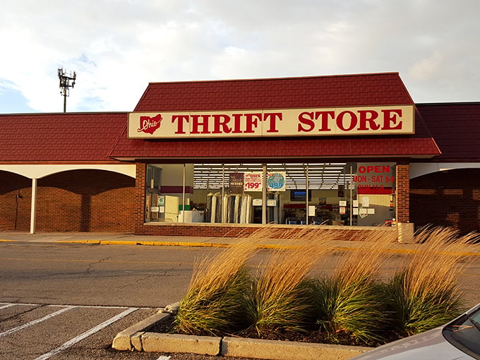 The iconic red awning of Ohio Thrift beckons like a lighthouse for bargain hunters &ndash; your treasure map begins at the entrance.