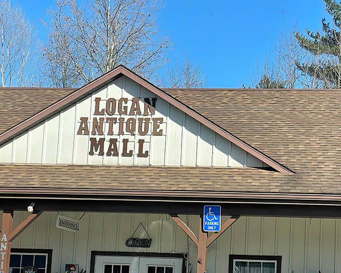 The welcoming facade of Logan Antique Mall stands proudly against an Ohio sky, beckoning treasure hunters with promises of yesteryear's delights.