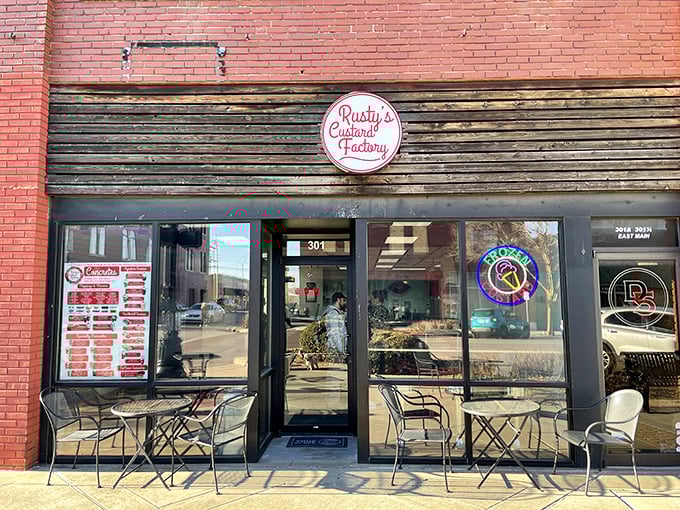 The brick fa&ccedil;ade of The Custard Factory beckons like a sweet siren song, promising frozen bliss on Campus Corner. Those white chairs? Reserved for people with very good life decisions.