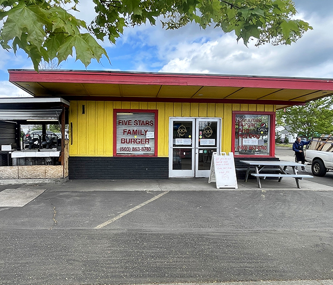 That sunshine-yellow exterior isn't just a building&mdash;it's a beacon of burger hope standing proudly against the Oregon sky, promising delicious things inside.