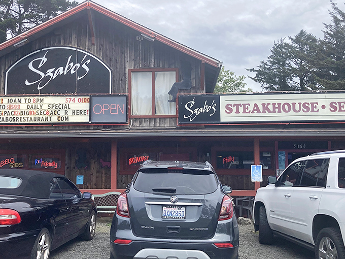 The weathered wooden exterior of Szabo's stands like a culinary lighthouse on the Oregon coast, promising comfort and satisfaction to weary travelers.