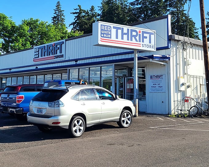 The unassuming exterior of Red White & Blue Thrift Store in Gladstone hides a universe of treasures within. Like a patriotic portal to bargain heaven.