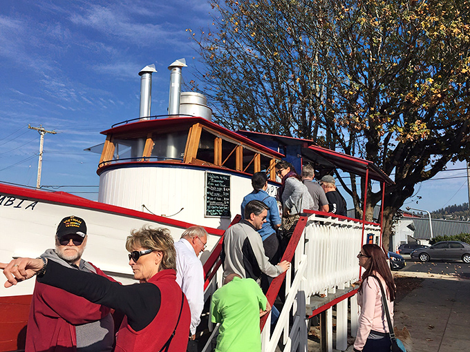 The legendary Bowpicker stands proudly on land, a fishing vessel that found its true calling serving up Astoria's most coveted seafood treasure.
