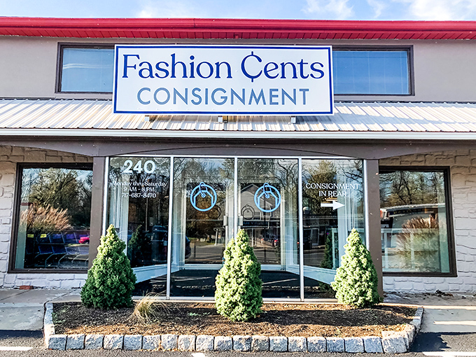 The inviting storefront of Fashion Cents Consignment welcomes treasure hunters with its clean lines and neat landscaping—like a department store's stylish cousin who knows all the bargain secrets.