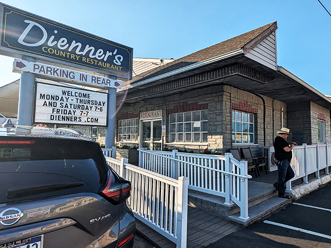 The stone facade of Dienner's welcomes you like an old friend who doesn't need fancy clothes to prove they've got substance. Simple, sturdy, and promising good things inside.