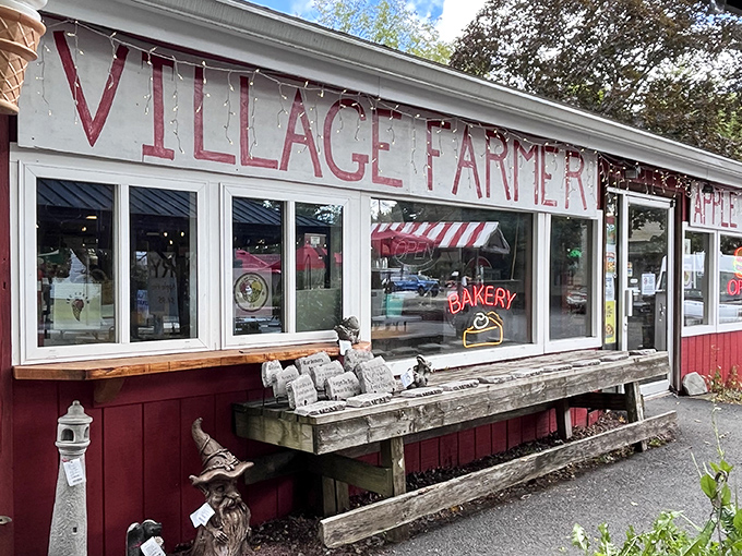 The red exterior of Village Farmer and Bakery stands like a beacon of hope for hungry travelers. This unassuming building houses pie perfection.