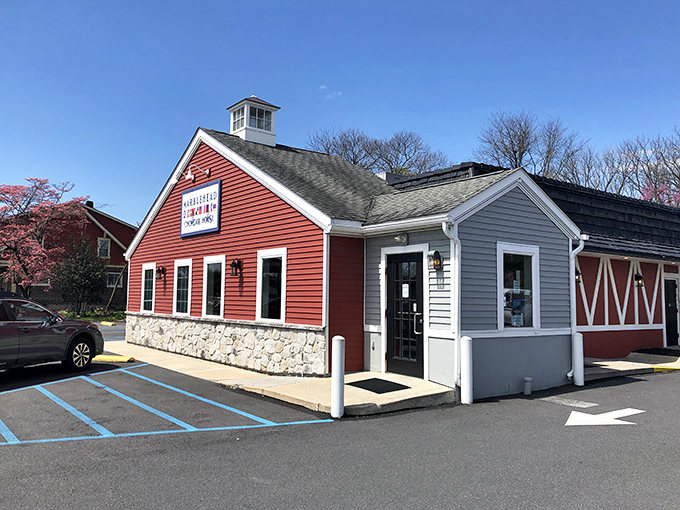 That red barn exterior isn't just charming – it's your first hint that serious seafood magic happens inside.