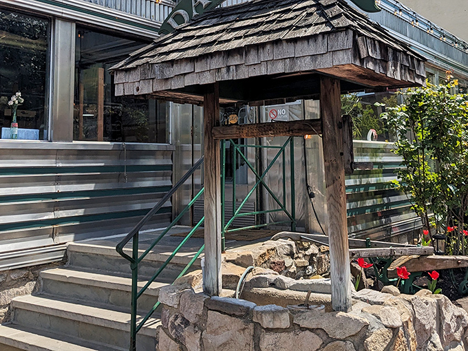 The classic diner entrance at Daddypops looks like a time machine disguised as a wooden portico. Step inside and prepare for pancake nirvana.