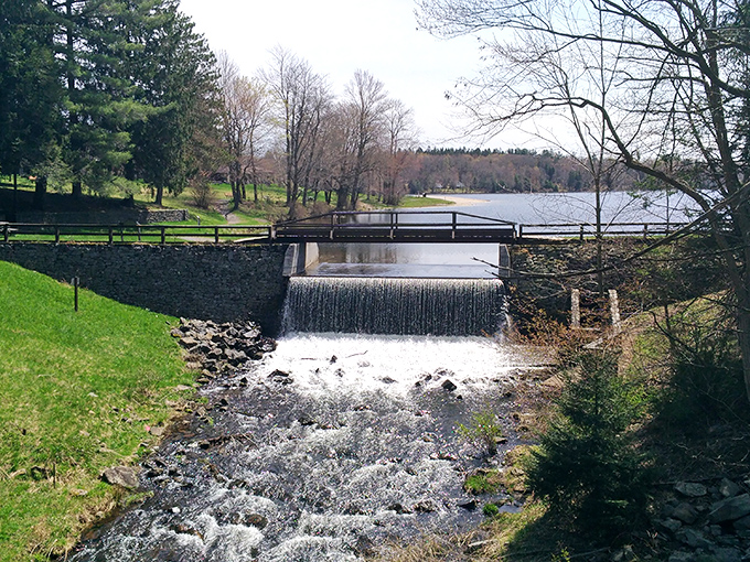 The perfect waterfall doesn't exi— Oh wait, it does! Promised Land's dam creates this mesmerizing cascade that's both soothing soundtrack and natural spectacle.