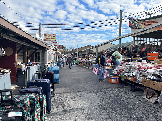 The iconic red and white buildings of Green Dragon Market stand like beacons of treasure-hunting possibility under perfect Pennsylvania blue skies.