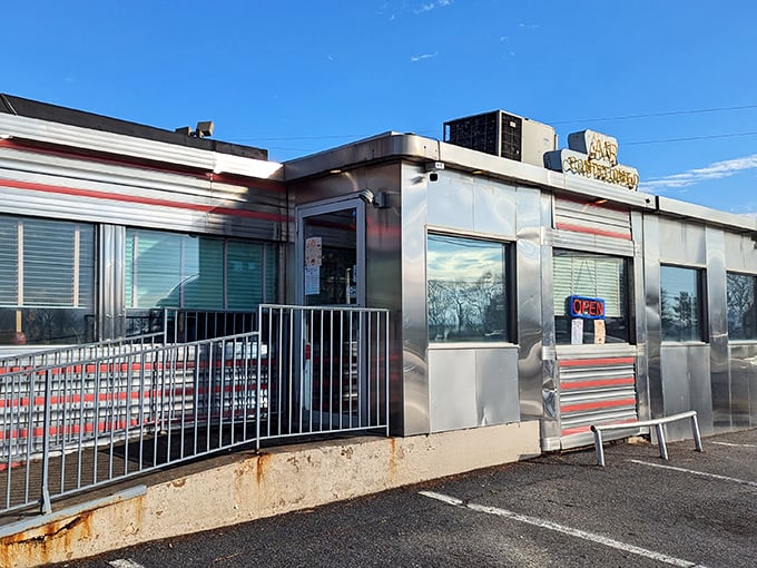 The gleaming stainless steel exterior of Route 30 Diner stands like a time machine that accidentally landed in Amish Country and decided to start serving breakfast.
