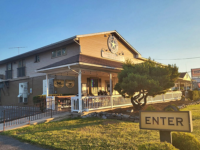 The Western frontier meets Pennsylvania hospitality at Dodge City Steakhouse's inviting exterior. That star logo isn't just for show&mdash;it's practically a beacon for hungry travelers.