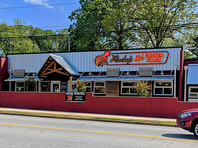 The blue and red exterior of Rocky's beckons like a siren song to fried chicken enthusiasts. That rooster knows what you're in for.