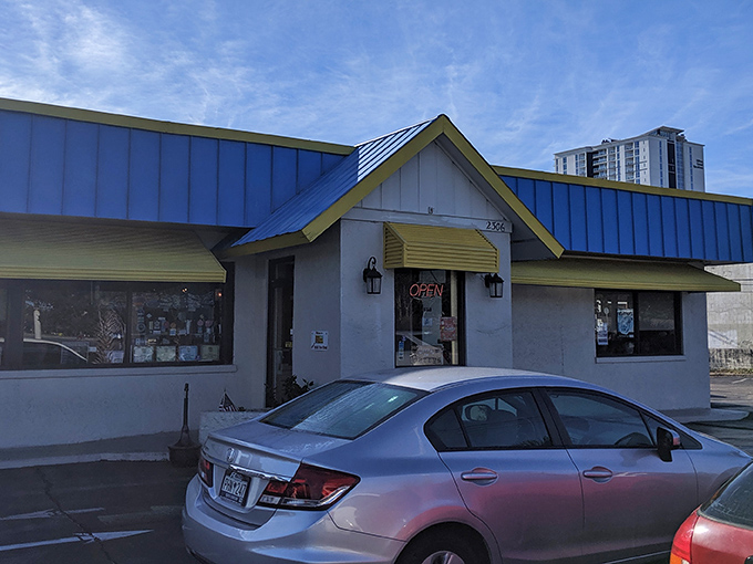The unassuming blue-roofed exterior of Harry's might not scream "pancake paradise," but locals know better. Culinary treasures often hide in plain sight.