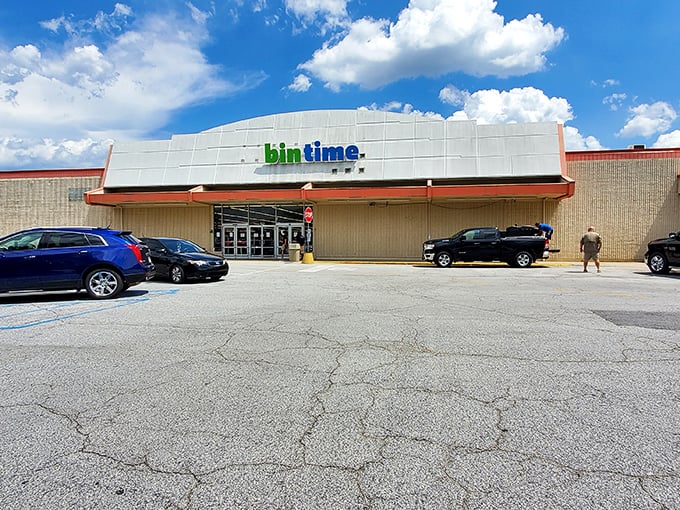 The green Bintime sign beckons like a lighthouse for bargain hunters. This unassuming exterior houses treasure-hunting adventures that would make Indiana Jones jealous.