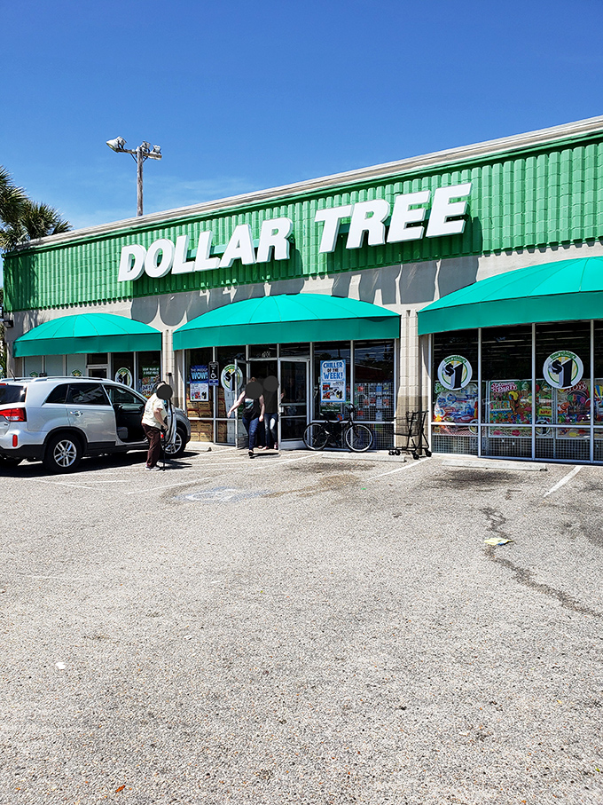 The iconic mint-green facade of Dollar Tree on Kings Highway welcomes bargain hunters with its distinctive awnings and promise of treasures within.