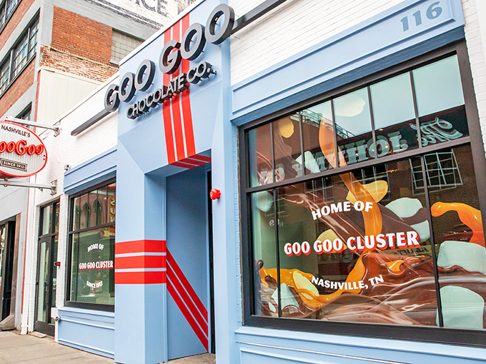 The white brick storefront with its vintage red signage stands like a sweet beacon in downtown Nashville, promising nostalgic delights within.