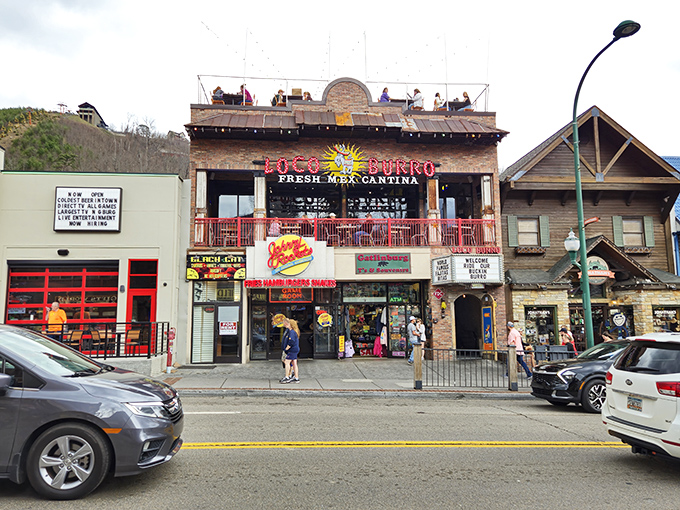 Loco Burro's exterior proudly announces its presence on Gatlinburg's main strip, with its festive fa&ccedil;ade promising Mexican revelry in the heart of mountain country.