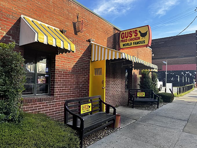 The unassuming brick exterior with its cheerful yellow door is like finding a treasure chest disguised as a toolbox. Culinary magic awaits inside!