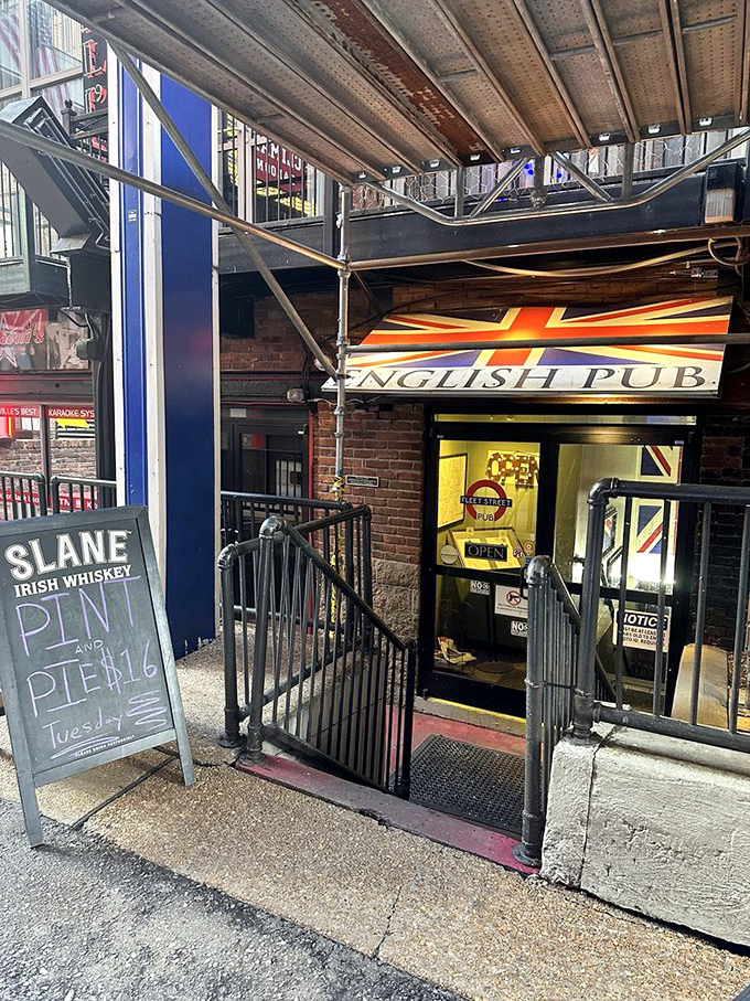The Union Jack awning beckons like a British embassy on Nashville soil. This brick-faced pub promises authentic flavors in the heart of Printer's Alley.