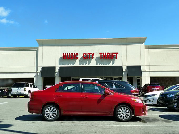 The red block letters beckon like a siren song to bargain hunters. Welcome to Music City Thrift, where Nashville's fashion treasures await discovery.