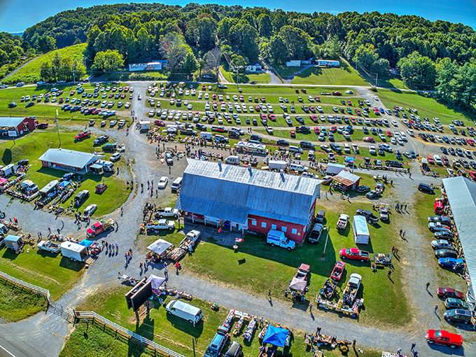 A treasure hunter's paradise from above&mdash;the Jonesborough Flea Market sprawls across acres of Tennessee countryside, promising adventures in every aisle beneath those perfect blue skies.