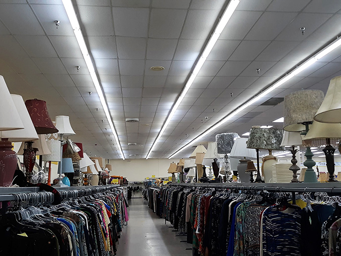 Treasure hunting paradise! Rows of clothing racks stretch toward the horizon under fluorescent lights, promising discoveries that'll make your wallet sing.