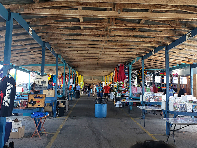The treasure hunt begins! Wooden beams and blue columns frame this indoor bazaar where one person's castoffs become another's prized possessions.