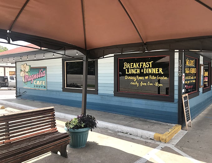 The iconic blue exterior of Magnolia Cafe stands out on South Congress like a delicious beacon of breakfast hope for hungry Austinites.