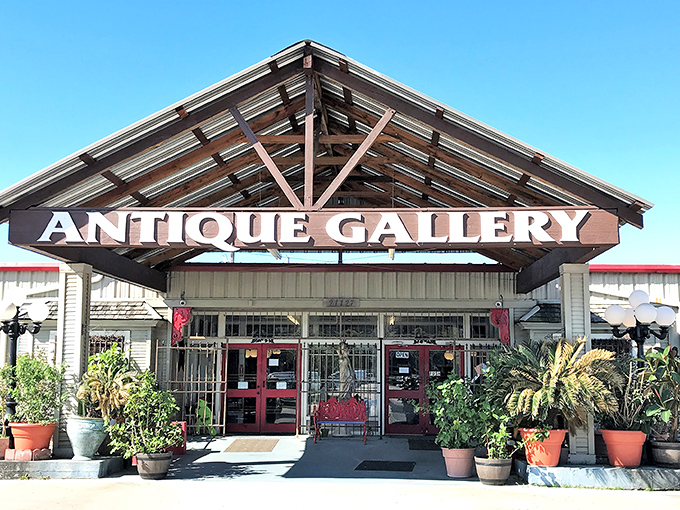 The grand entrance beckons with its rustic wooden beams and bold signage &ndash; like a siren song for treasure hunters with a Texas-sized appetite for discovery.